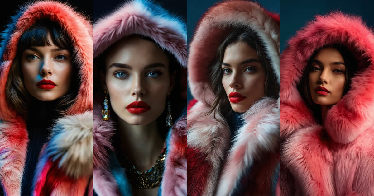 Lexica - Beautiful woman in a colorful fur coat with a hood posing on a ...