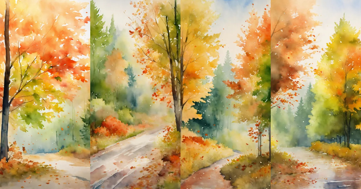 Lexica - Flora, landscape - autumn maples, green spruce trees, flying ...