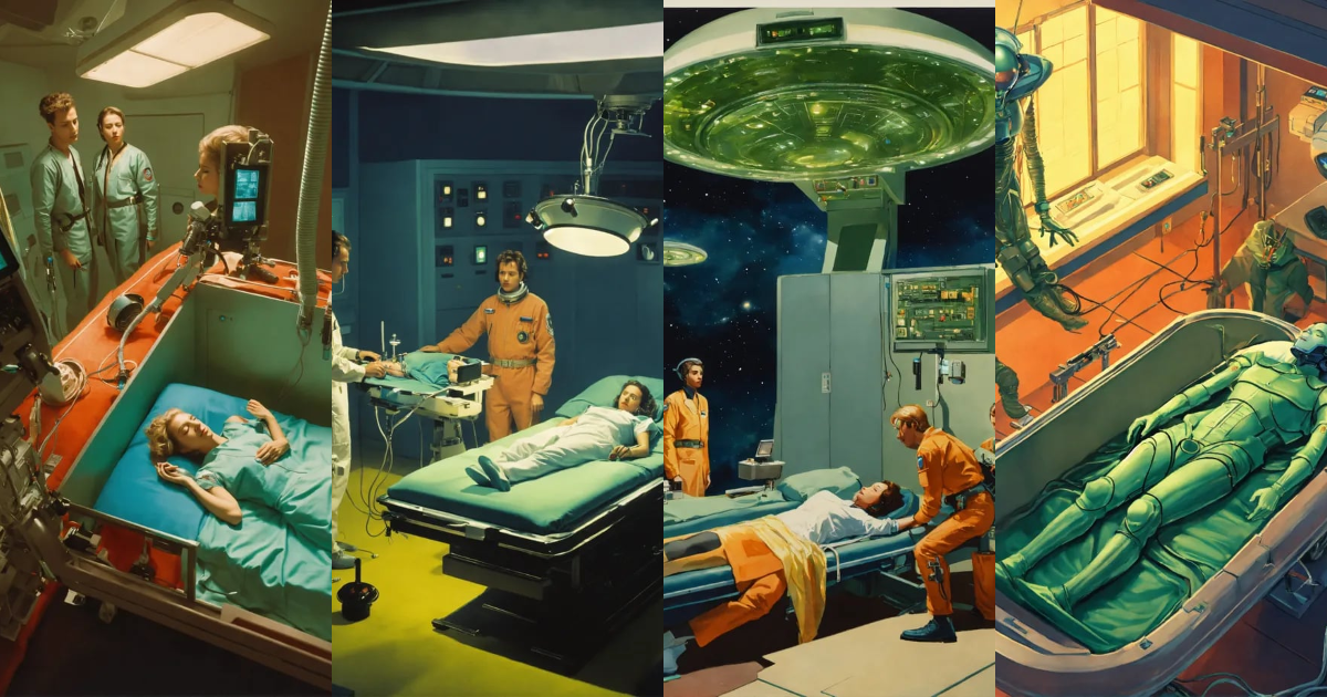 Lexica - Two aliens observing a patient lying on an operating table ...
