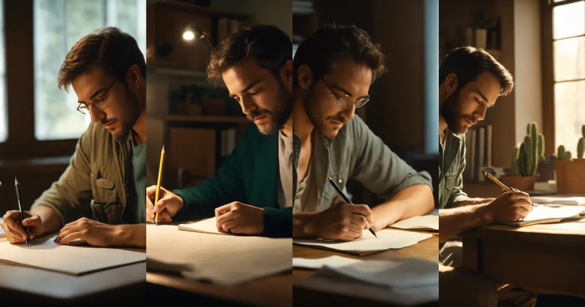 Lexica - The man is a poet, sitting at his desk in his office. He is ...