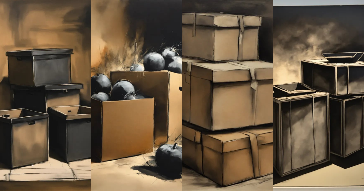 Lexica - 3 open boxes still life in charcoal, expressive angry style