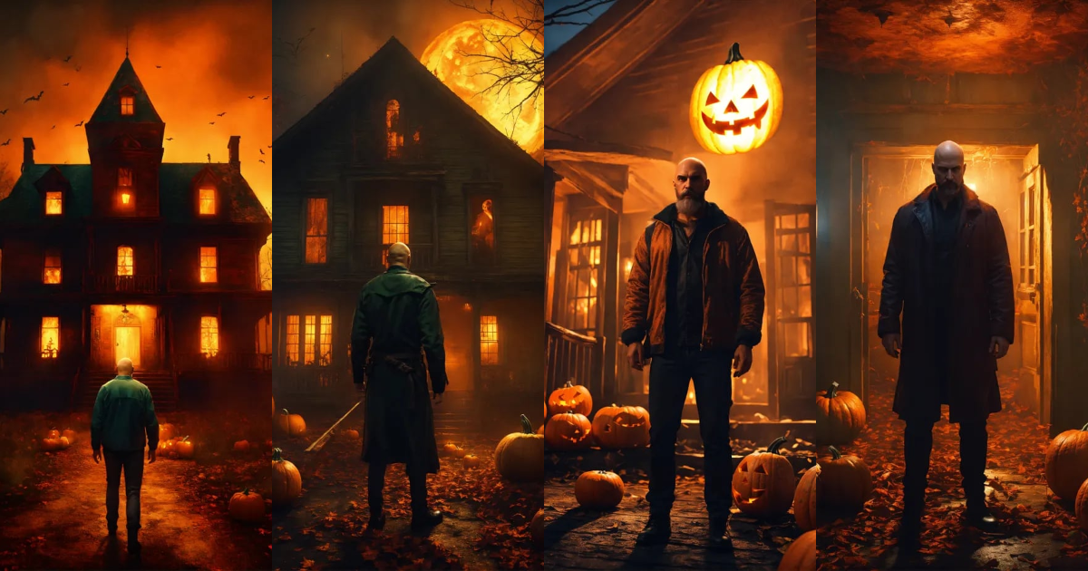 Lexica - Bald man with beard Haunted house during Halloween at night ...