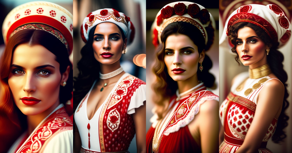 Lexica - Female balkan woman in a white transparent dress with red and white balkan folklore ...