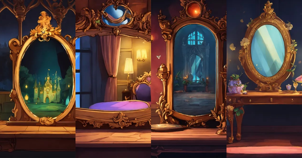 Lexica - Cartoon fairy taie style image mirror on table in dark castle room