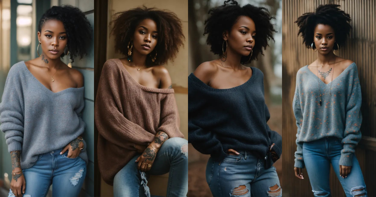 Lexica - Beautiful Black Female, hazy look, slouchy sweater, facing ...