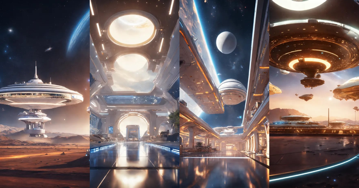 Lexica - Beautiful white spaceport flying floating in deep space ...