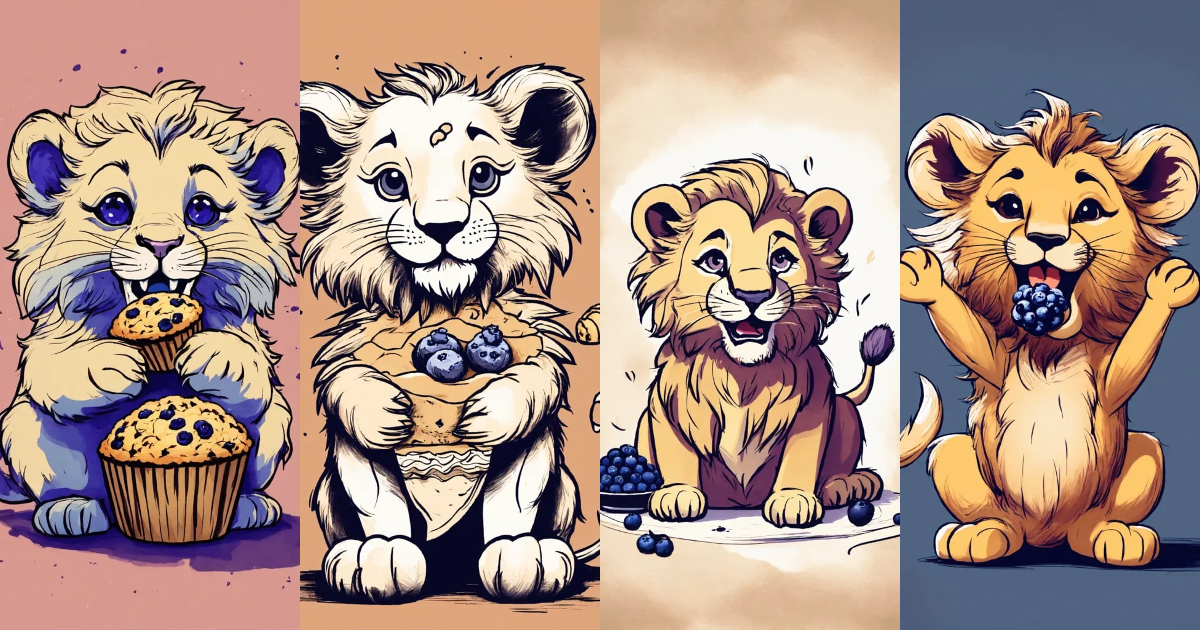 Lexica - A small lion holding a piece of a blueberry muffin with its ...