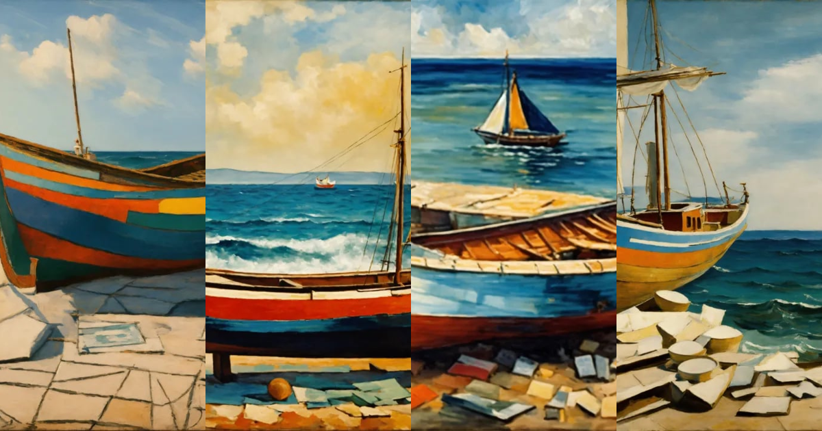 Lexica - Picasso painting with the sea and an old boat