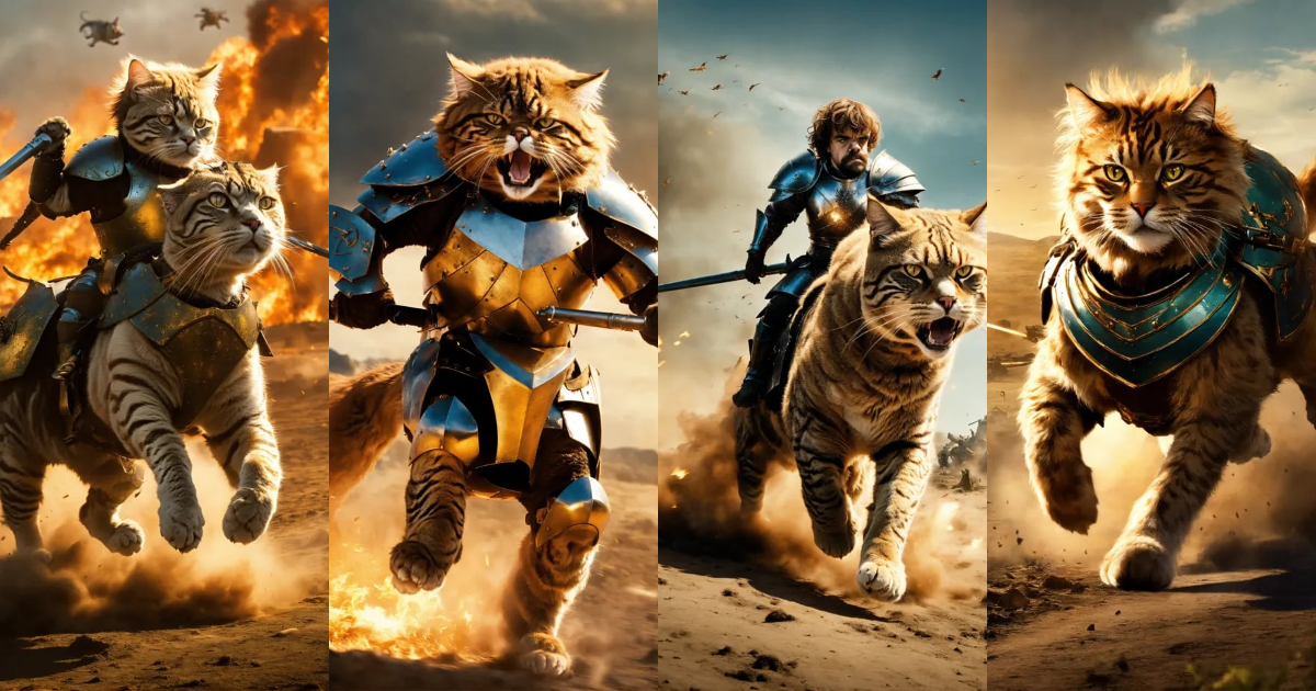 Lexica - A battle cat wearing armor, running across a battlefield ...