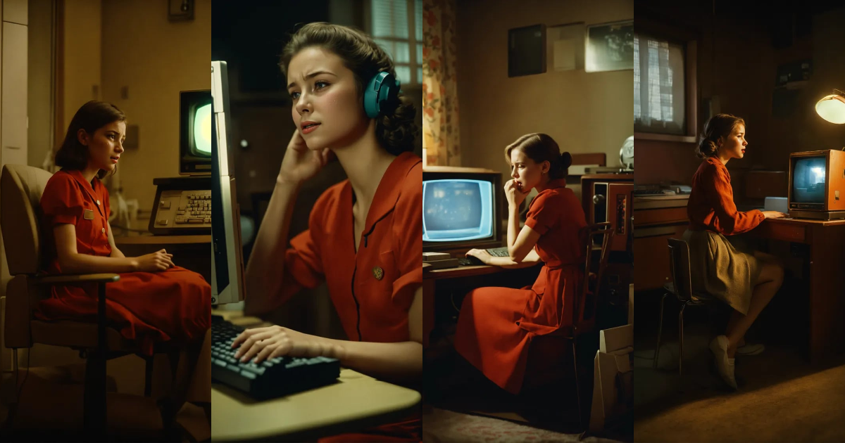 Lexica - A Soviet girl sitting in a chair in front of a soviet computer ...
