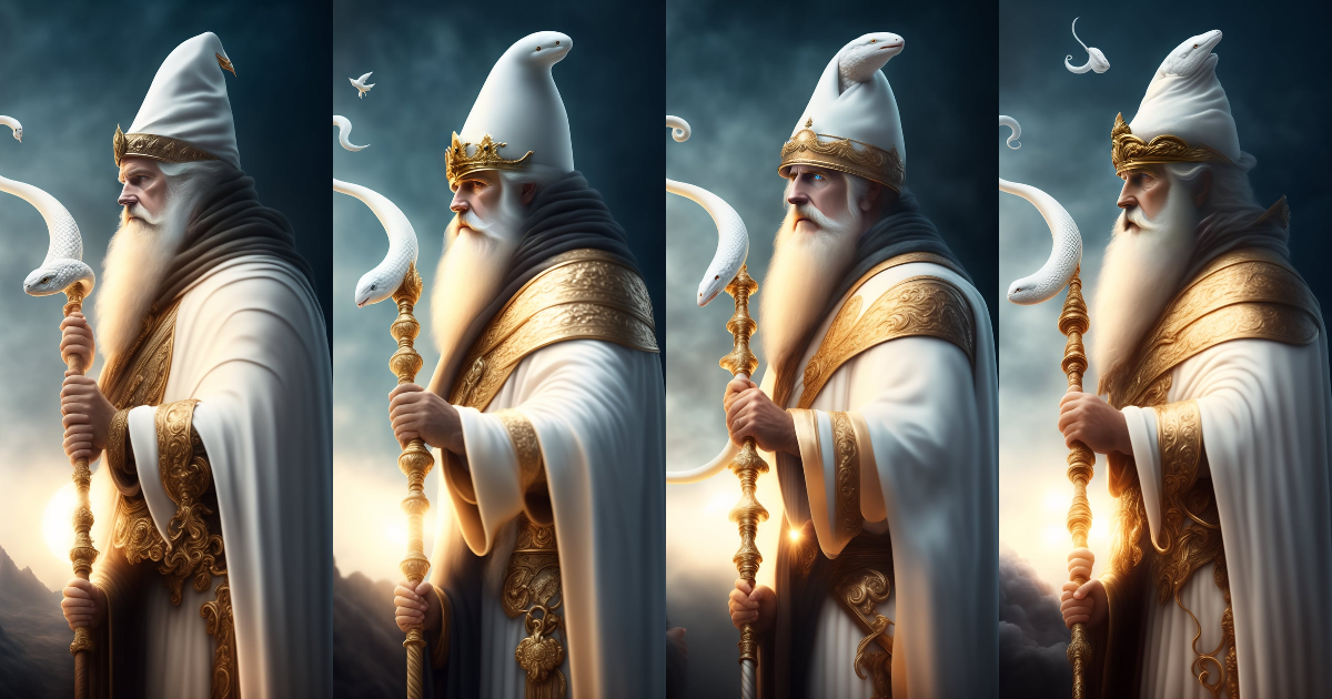 Lexica - One white Greek wizard in dark robe hold a staff that has a ...