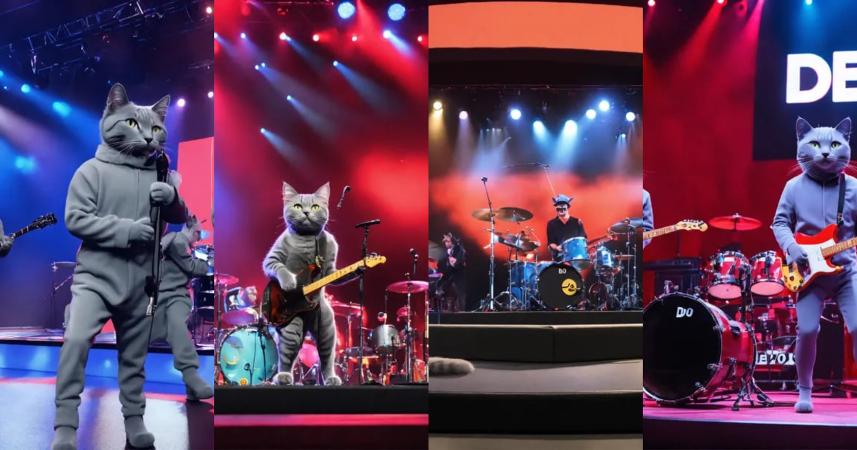 Lexica - 3D grey cats on stage in the image of the band Devo 8k