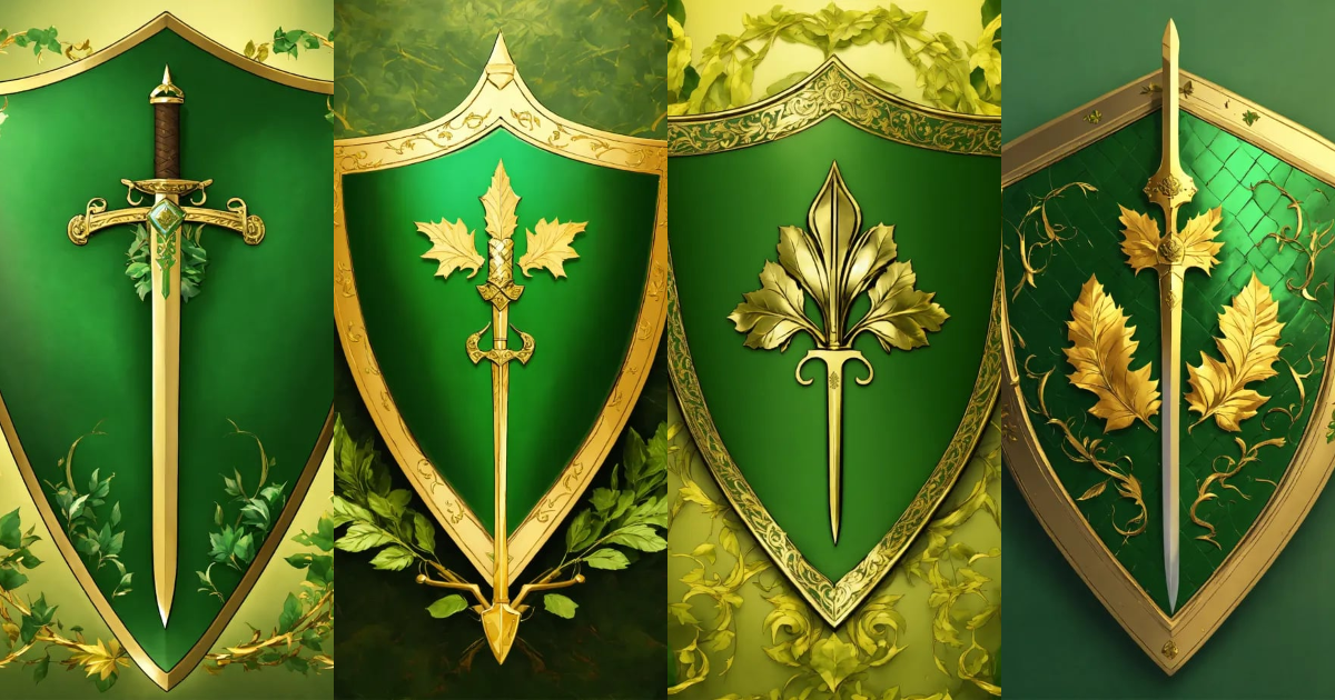 Lexica - A simple green shield with heraldry of gold leaves and a ...