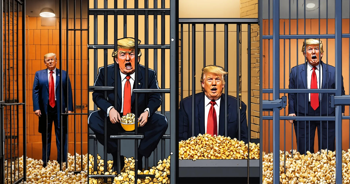 Lexica - Sad Donald Trump in jail cell full of popcorn while guard ...