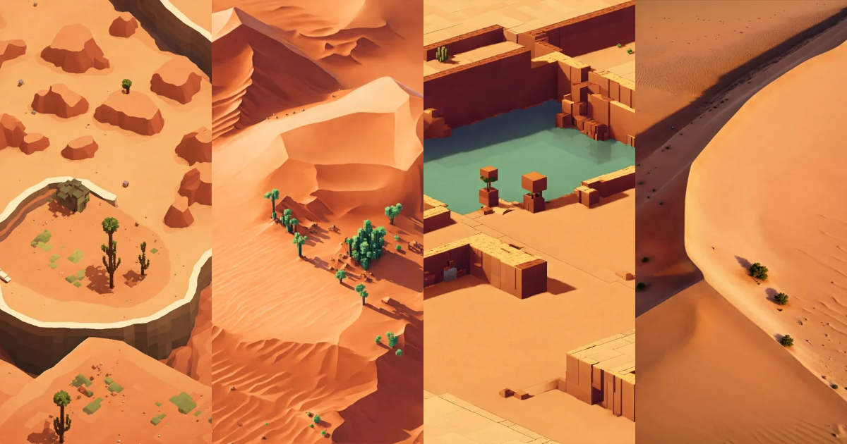 Lexica - Simple blocky pixel image from overhead of a flat desert