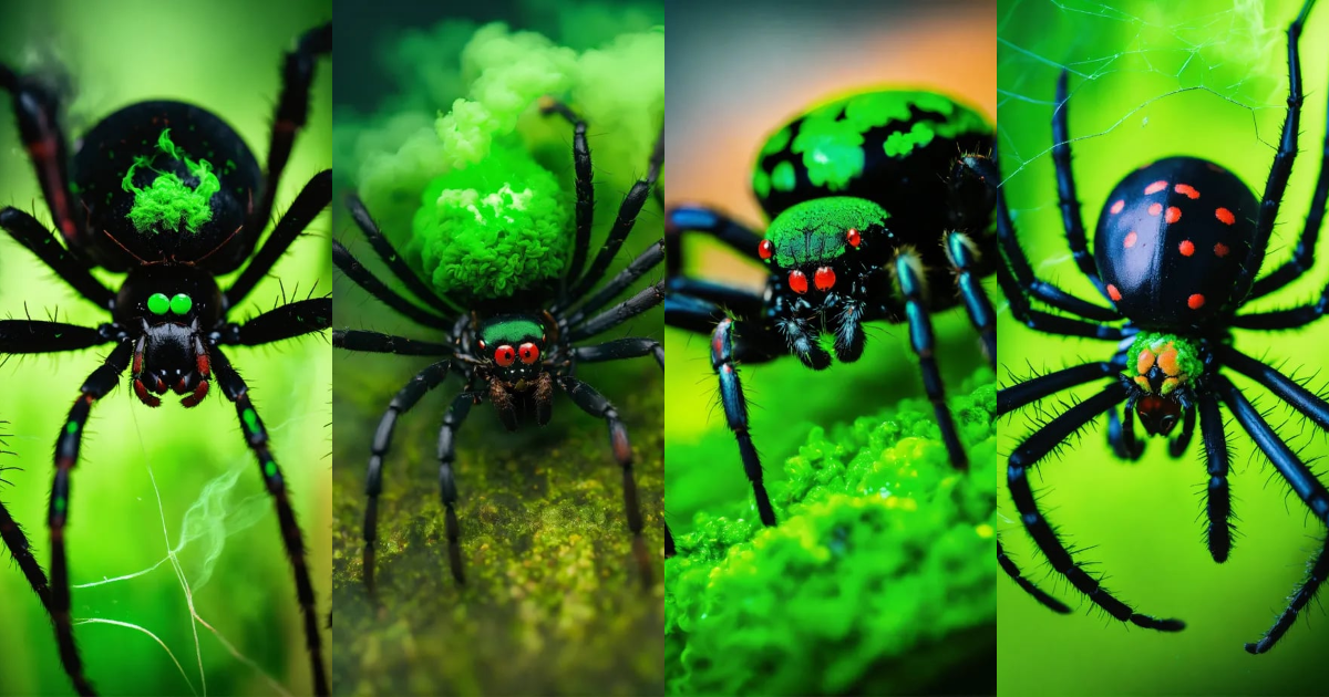 Lexica - Black widow spider with green smoke around her, neon green ...