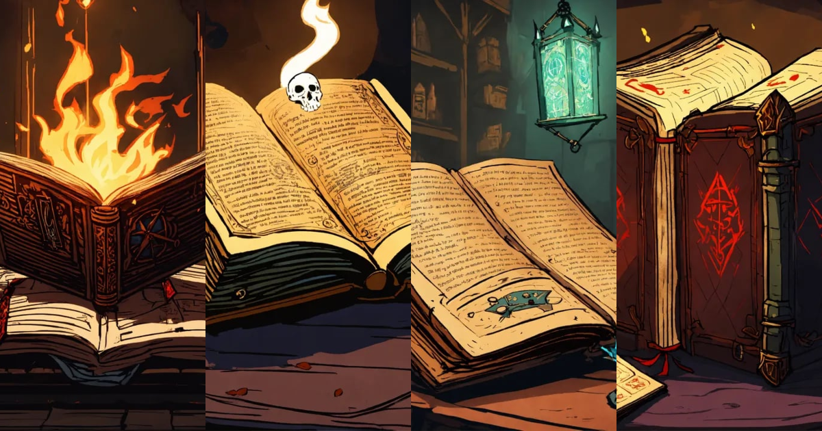 Lexica - A floating spellbook, on a dest in a lit room, darkest dungeon ...