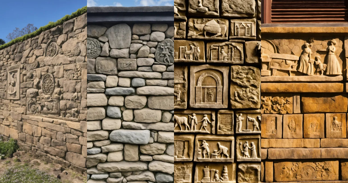 Lexica - Stone wall with decorative stone carving depicting the ...