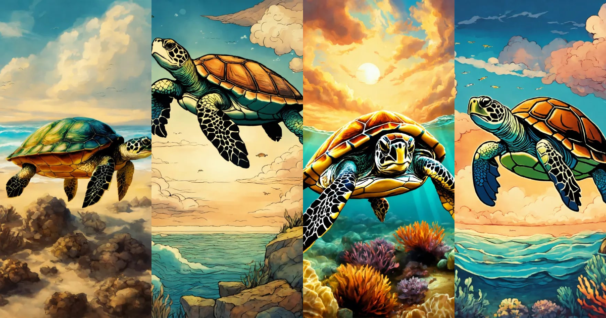 Lexica - A happy turtle marine life. ocean below sky above in the ...