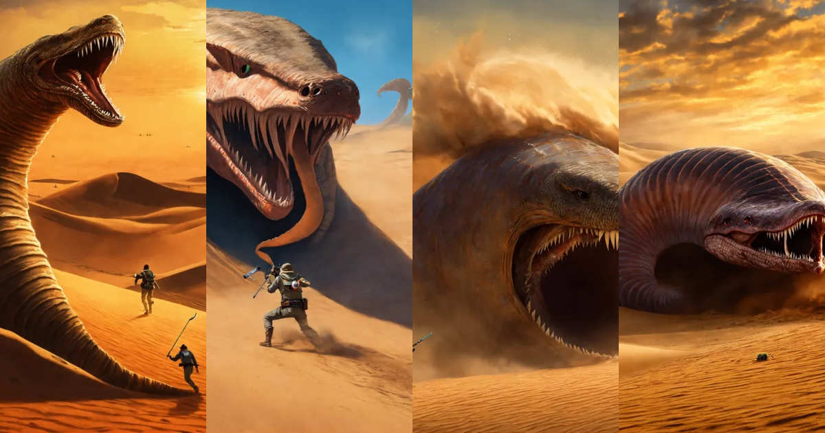 Lexica - A Dune sandworm fighting a Graboid
