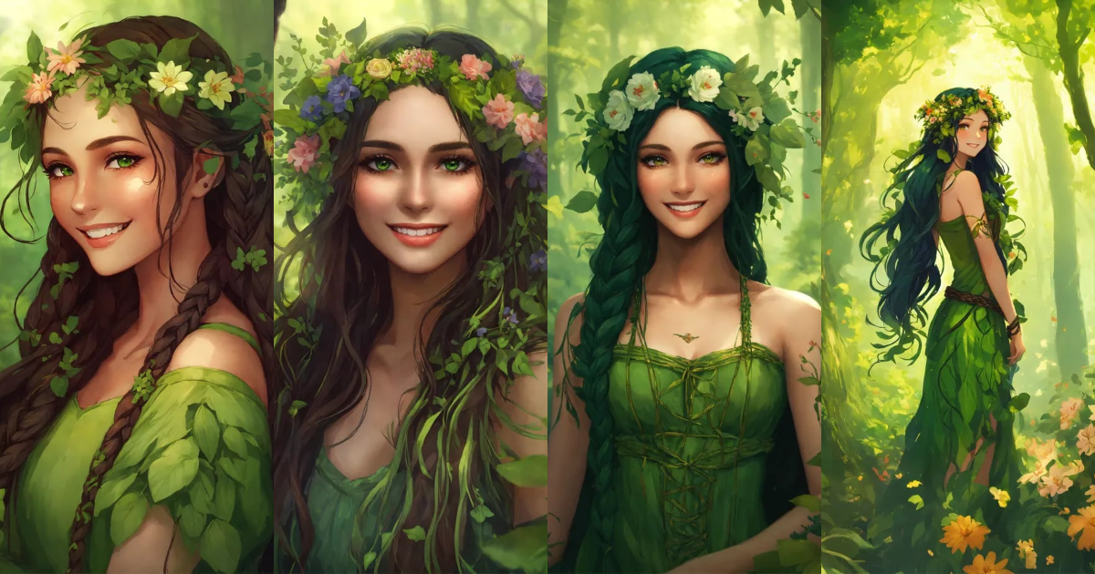 Lexica - Green dryad girl, long dark braided hair, smile, flowers, forest,