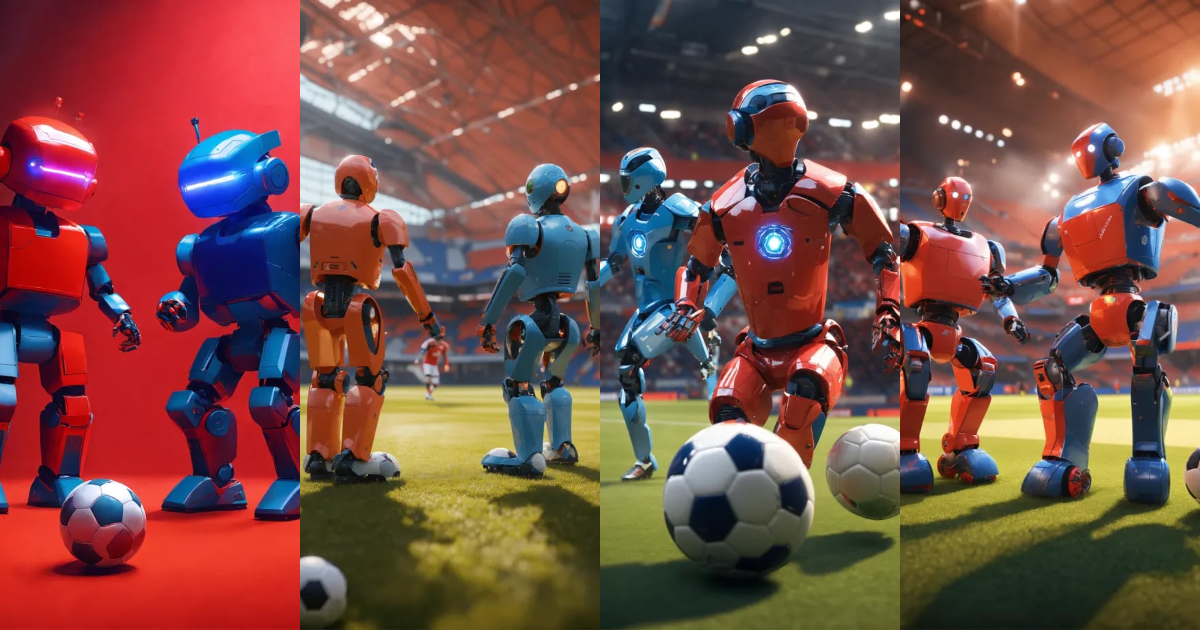 Lexica - Two robot soccer players are playing a game of soccer, in the ...