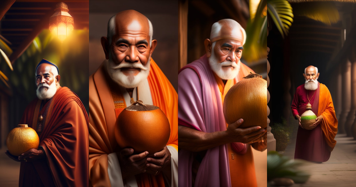 Lexica - Image of an old monk in his hand holding a coconut, looking ...