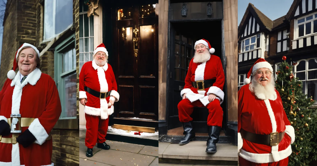 Lexica - Bernard manning dressed as Santa Claus. Standing outside a British council house