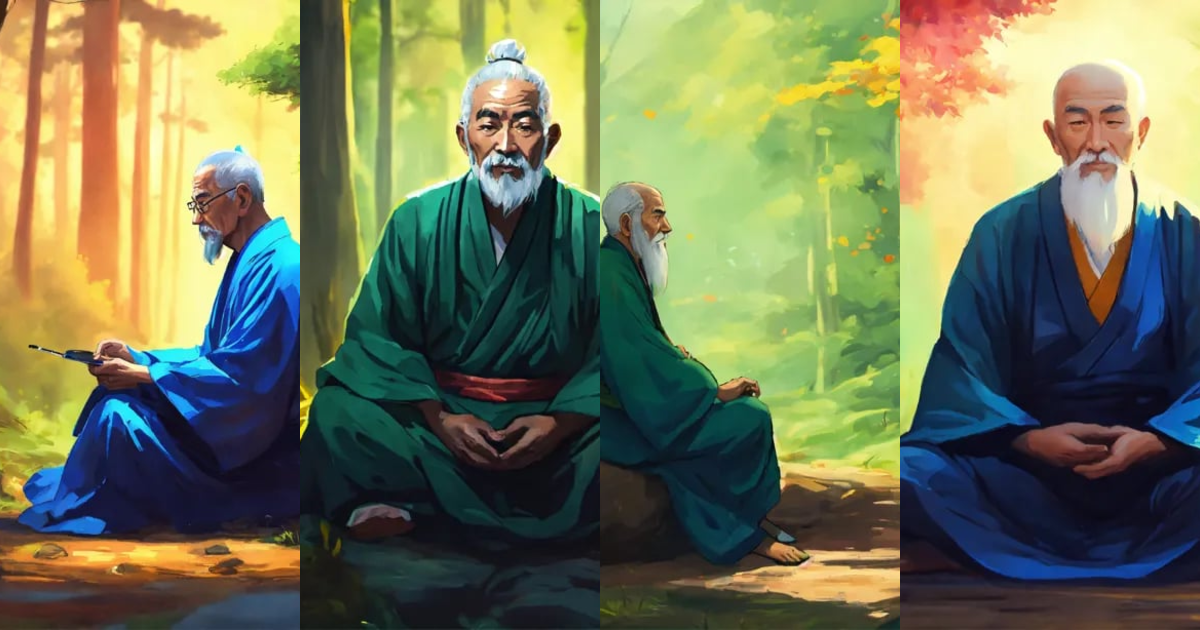 Lexica - A hand drawn painting of a an old zen master sitting in forest ...