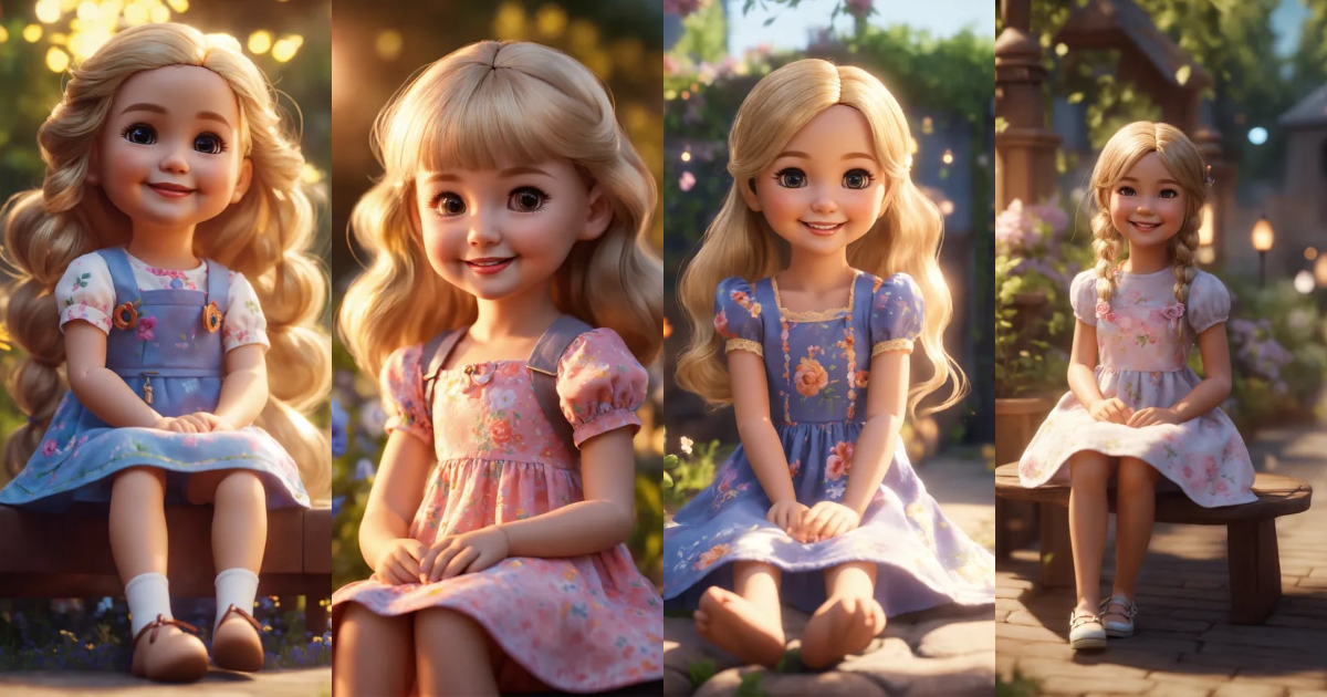 Lexica - Cute adorable doll style tiny girl smiling greeting me, long blond hair, she wears a ...