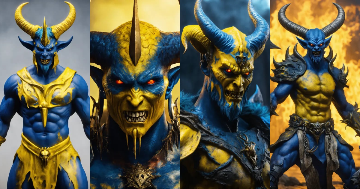 Lexica - Evil demonic yellow and blue devil, holding a trident, ominous ...