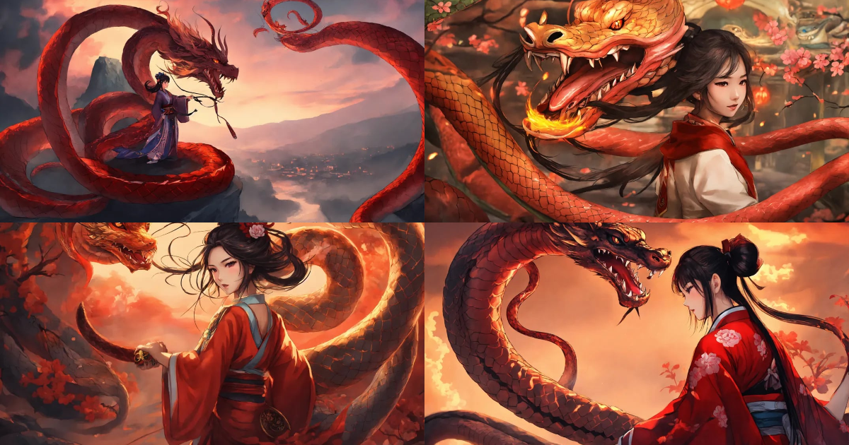 Lexica - Girl Asia fantasy Japan dynamics fights the demon snakes hand drawn style 8к