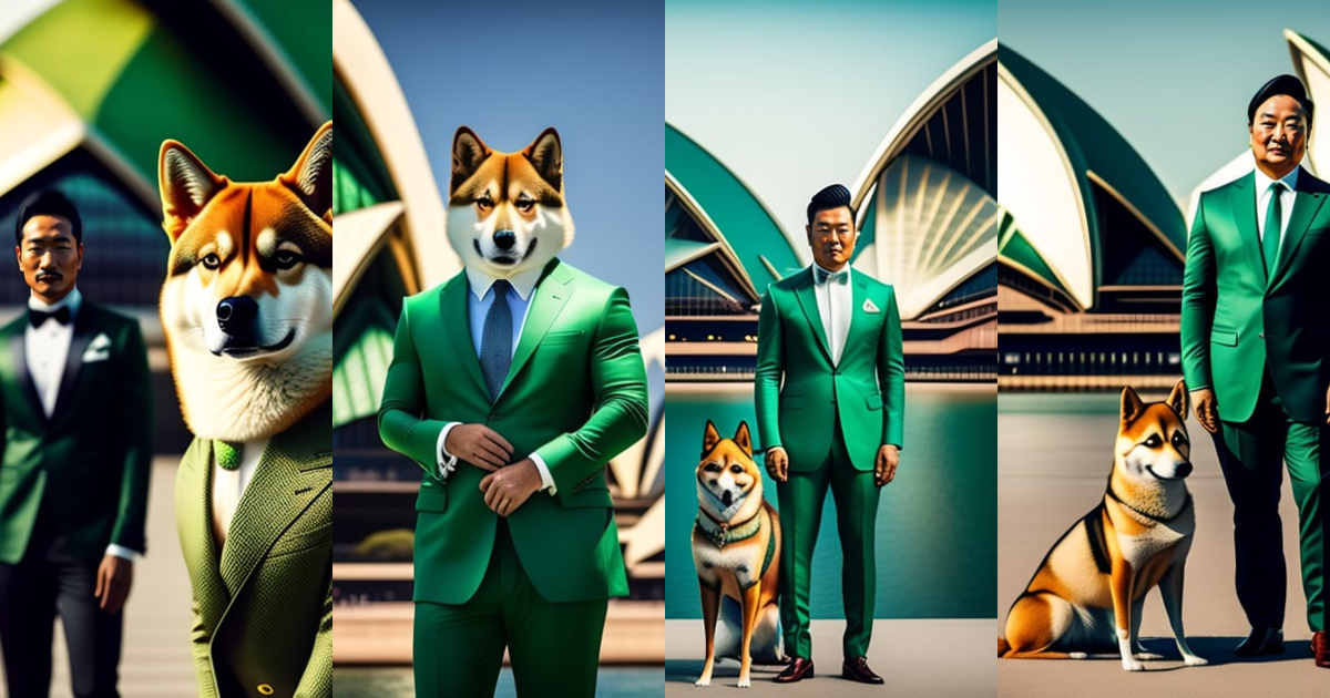 Lexica - Medium Shot of a standing shiba inu dressed in a fancy green ...