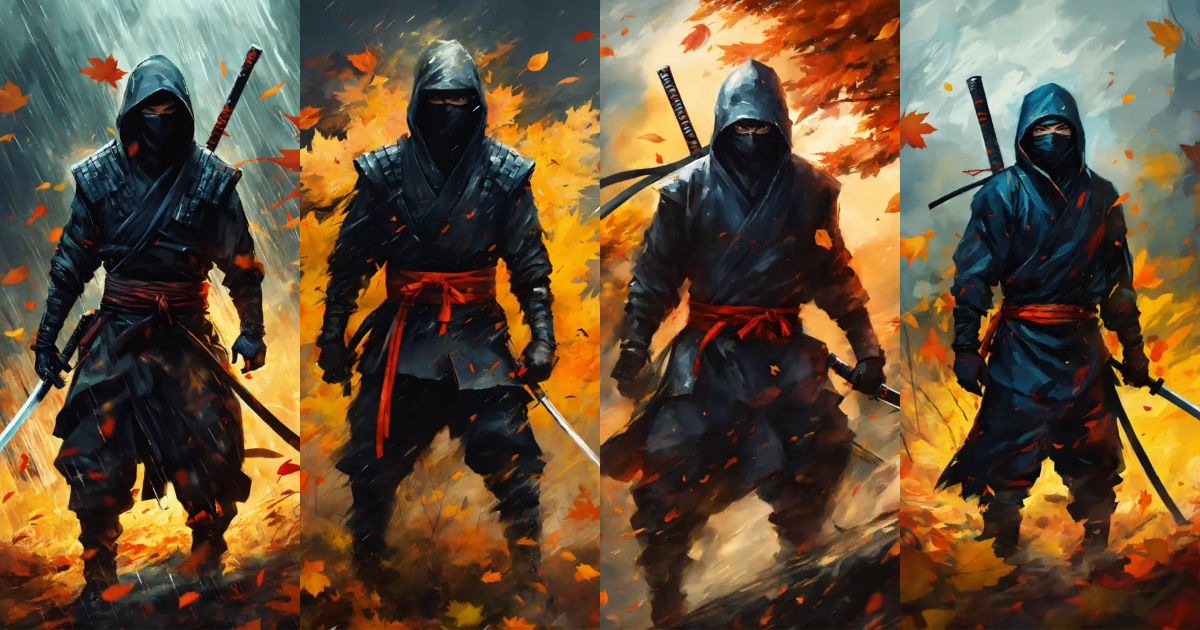 Lexica - Abstract art. Ninja standing in an autumn storm.