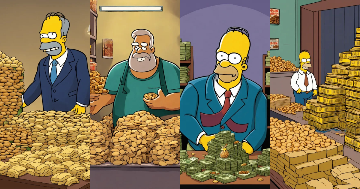 Lexica - A man stands at a table and sells nuts. There are huge stacks ...