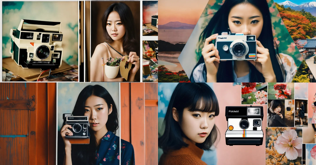 Lexica - A collage of a Polaroid camera with a Japanese beautiful girl ...