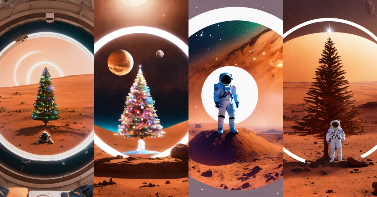 Lexica - Chrismas tree on mars with a astronaut, in circle image ...