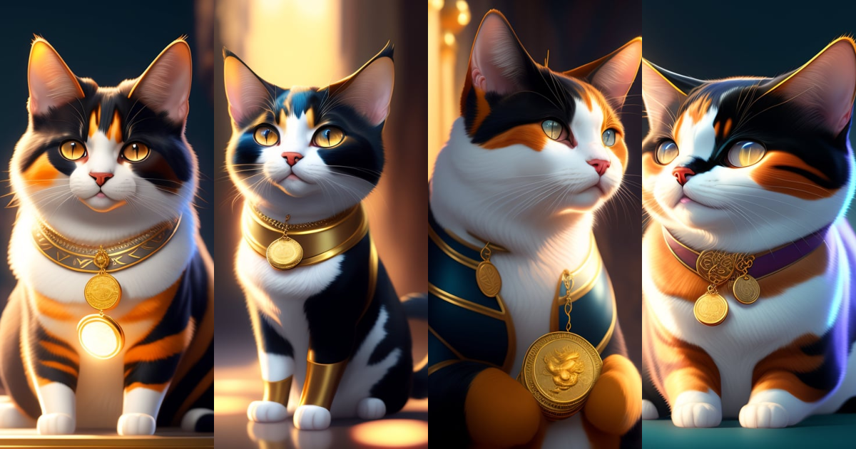 Lexica - A Calico Cat is holding a gold coin, disney concept art ...