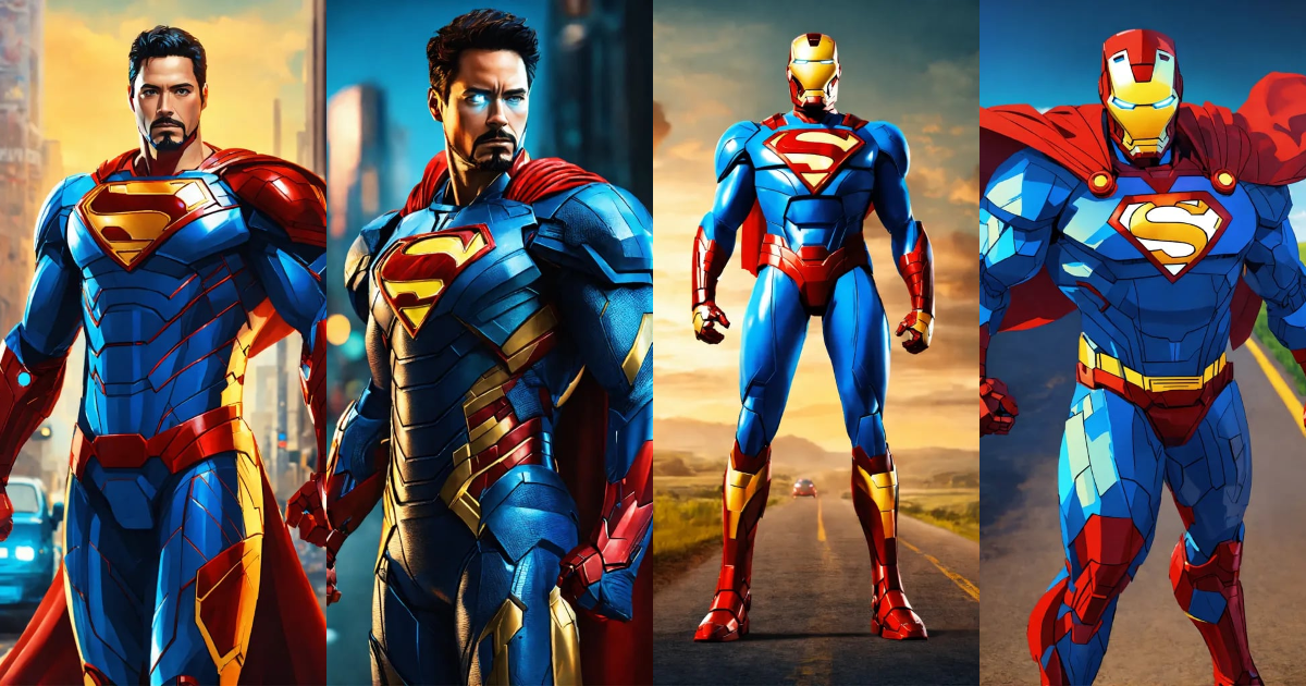 Lexica - Iron Man as Superman full-body, colorful background, blue ...