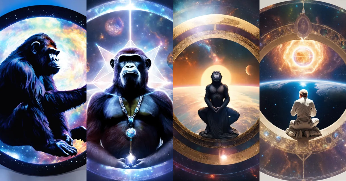 Lexica - Apes praying to a human god in space, in circle image ...