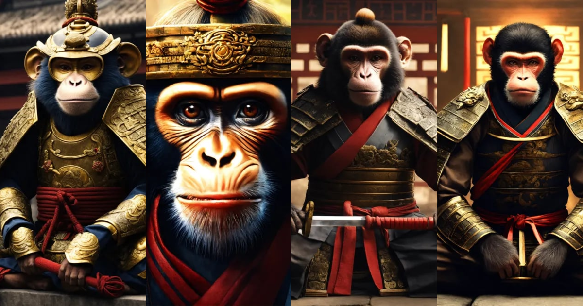 Lexica - Monkey Samurai. Ancient Temple. Hyper realistic.