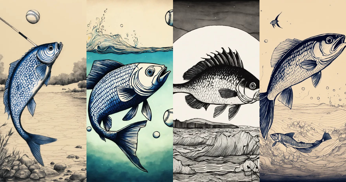 Lexica - Ink drawing of a fish playing baseball.