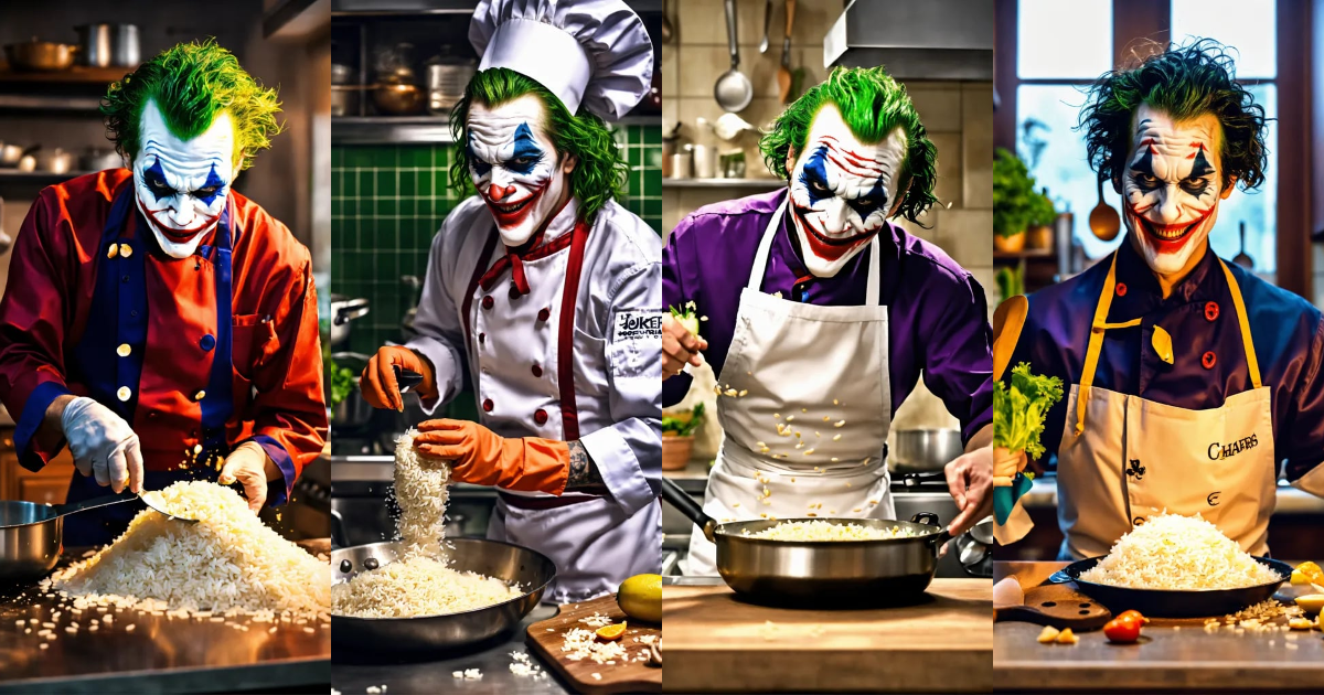 Lexica - Realistic, joker becomes a chef, coocking rice in the kitchen ...