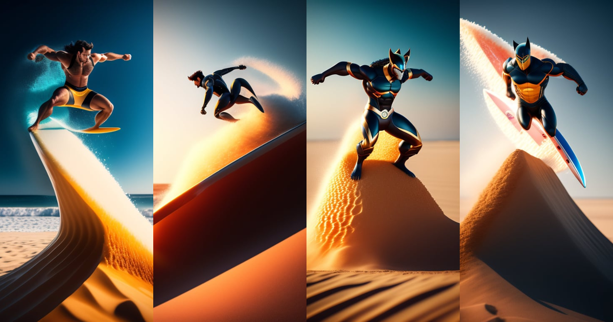 Lexica - Wolverine, on top of surf board, silver board, particles of ...