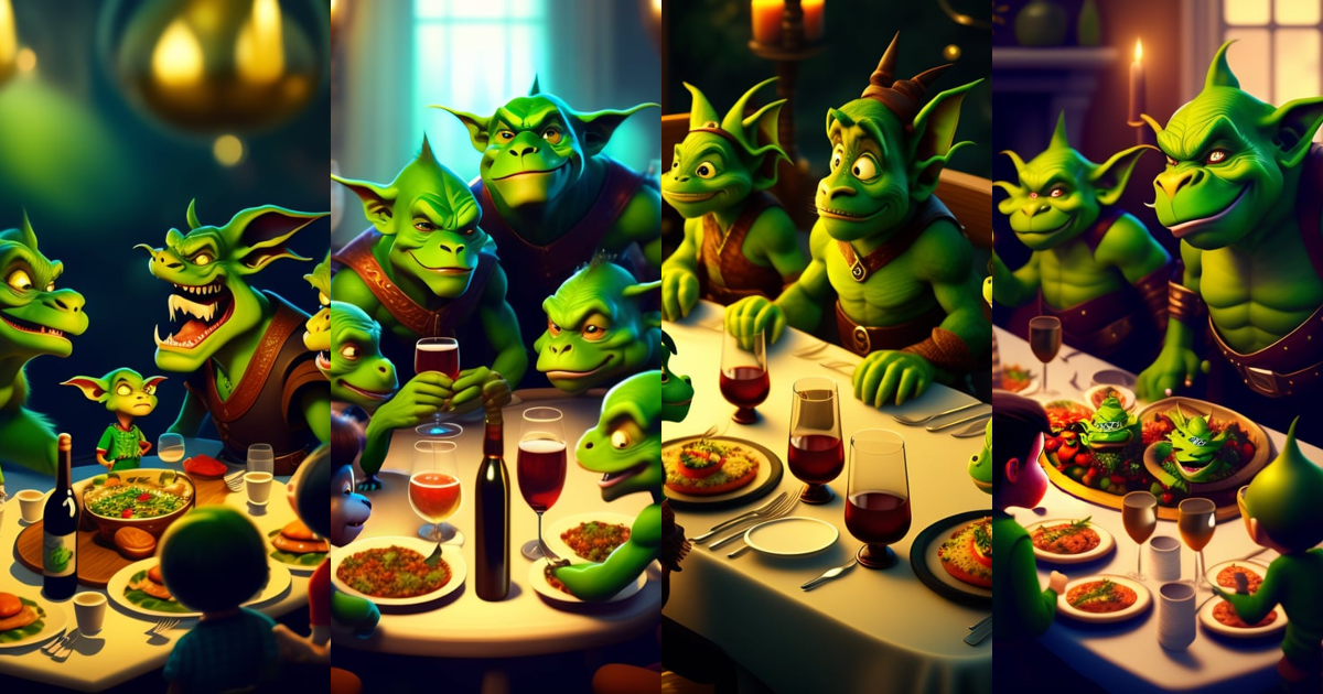 Lexica - A family of ten green goblins having dinner on a long table at ...