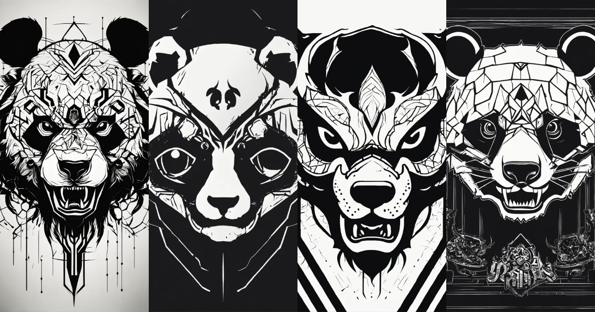 Lexica - Demon panda, black and white, stencil logo simple lines