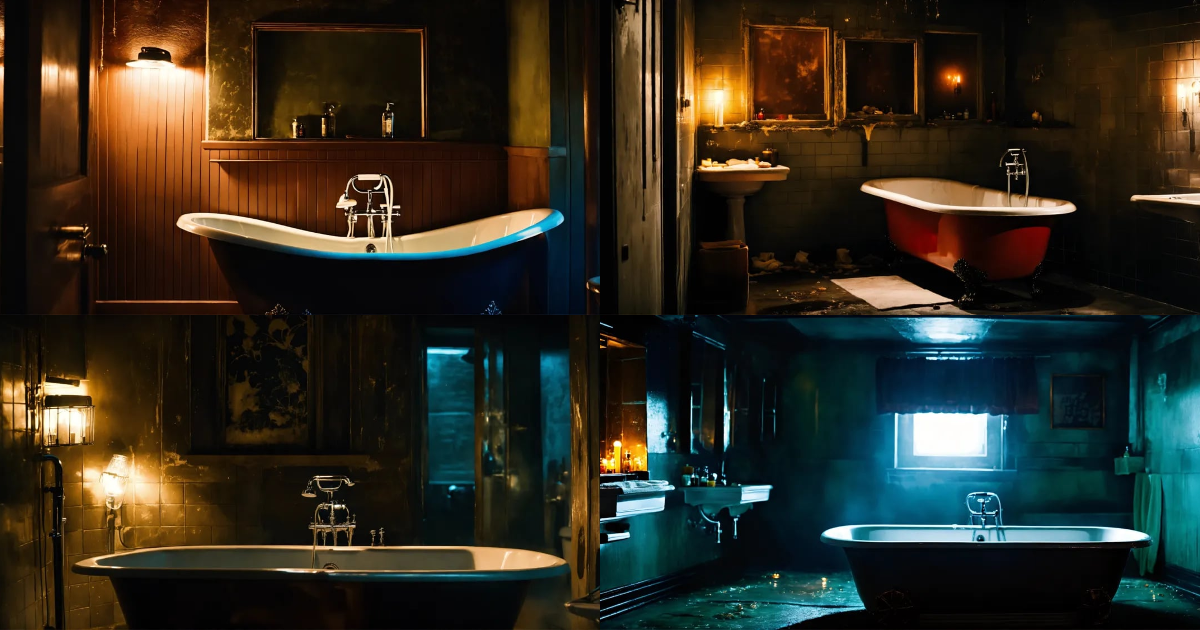 Lexica - Cinematic look, urban dirty bathroom bathtub full of crismson ...