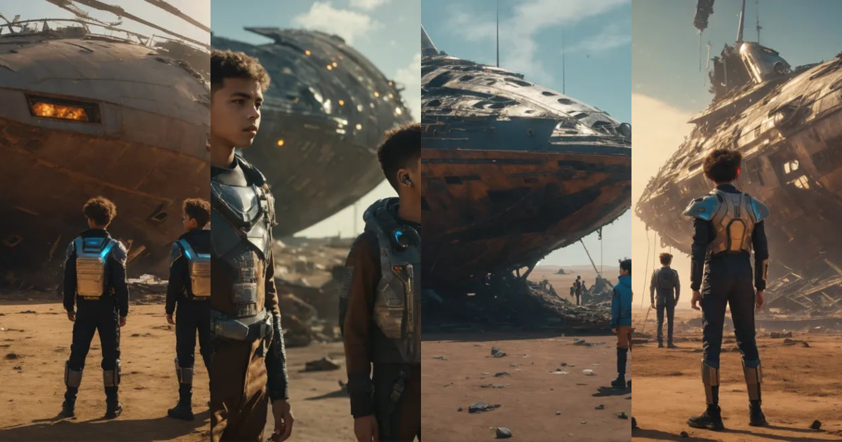 Lexica - Zoom out of a 3 boys standing outside a wrecked star ship ...