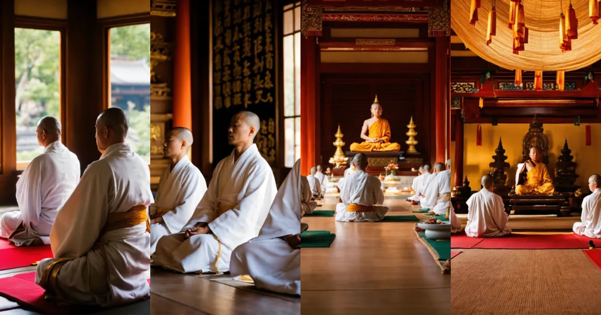 Lexica - Tranquil zen monks in pagoda wearing white robes sitting in ...