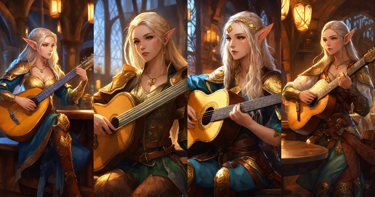 Lexica - Beautiful bard female elf, long pale hair, gold eyes, Copper ...